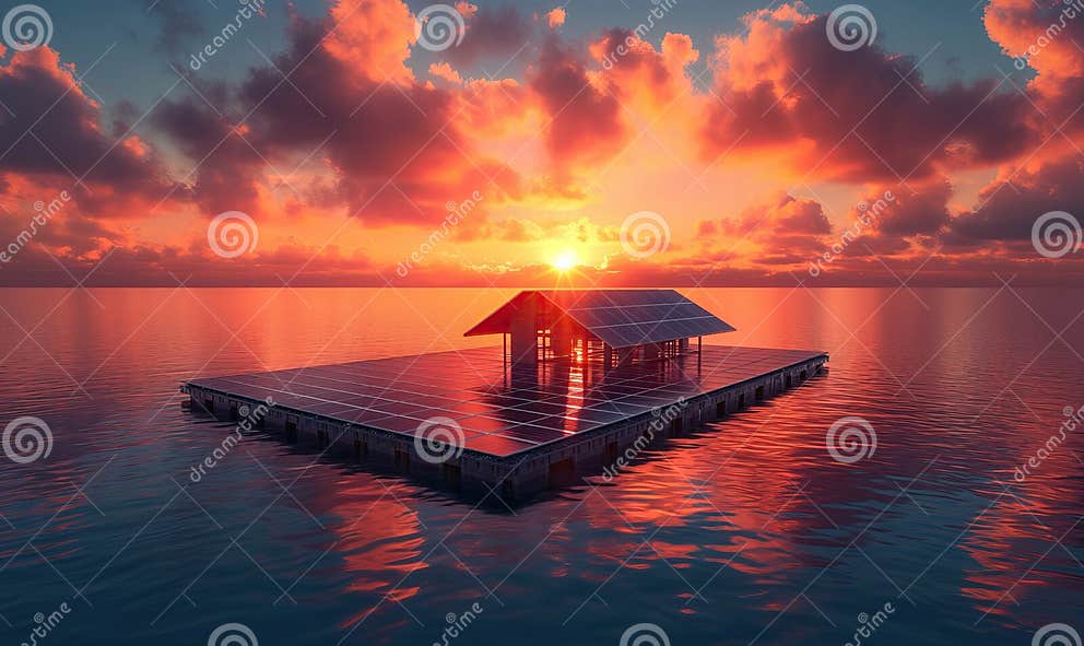 Floating Solar Panels on the Lake at Dawn. Stock Photo - Image of ...