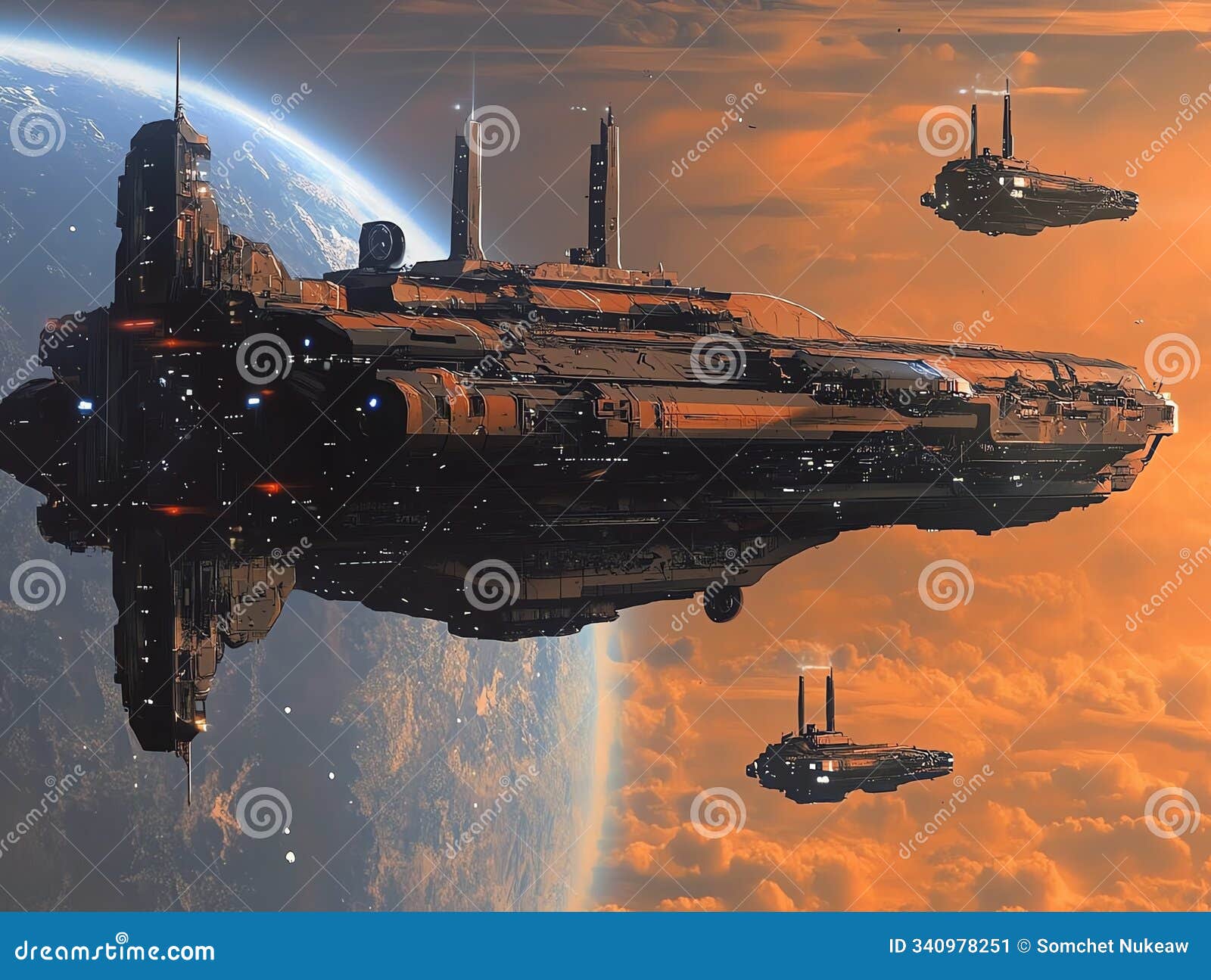 A Floating Space Station Orbiting a Distant Planet, with Sleek Ships ...