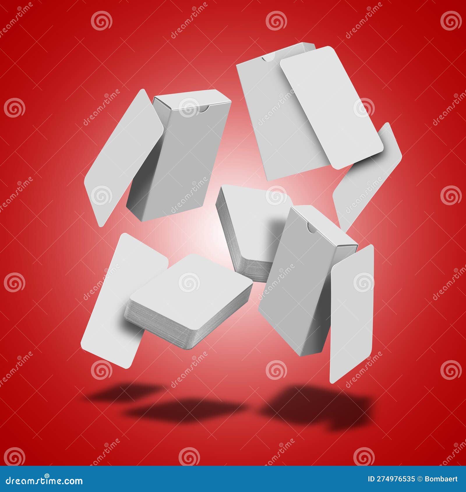 Floating Stack of Playing Cards with Box on Red Background Stock Image ...