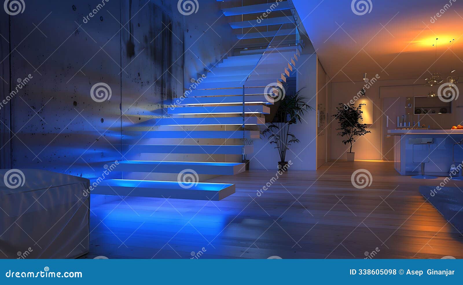 Floating Staircase with Underlighting Stock Illustration - Illustration ...