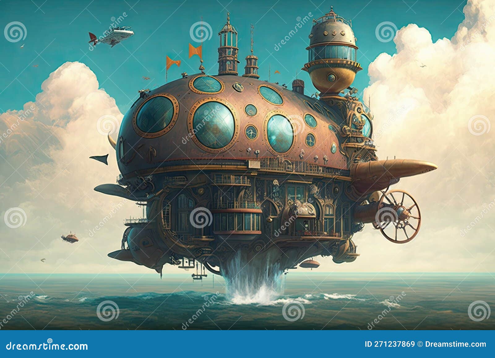 The Floating Steampunk Machine in the Clouds Stock Illustration ...
