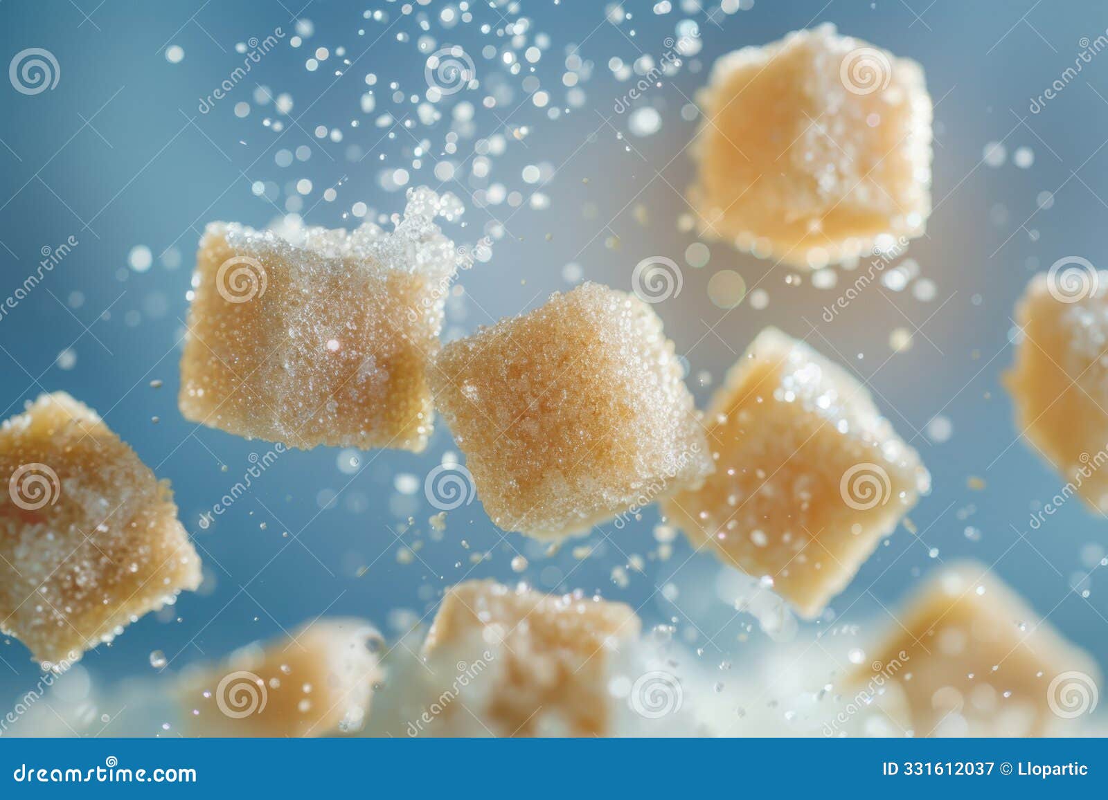 Floating Sugar Cubes with Granules Scattering in the Air, Creating a ...