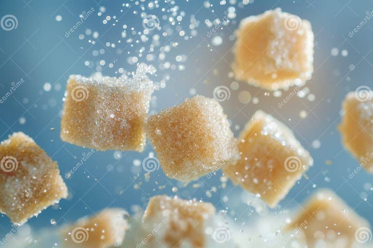 Floating Sugar Cubes with Granules Scattering in the Air, Creating a ...