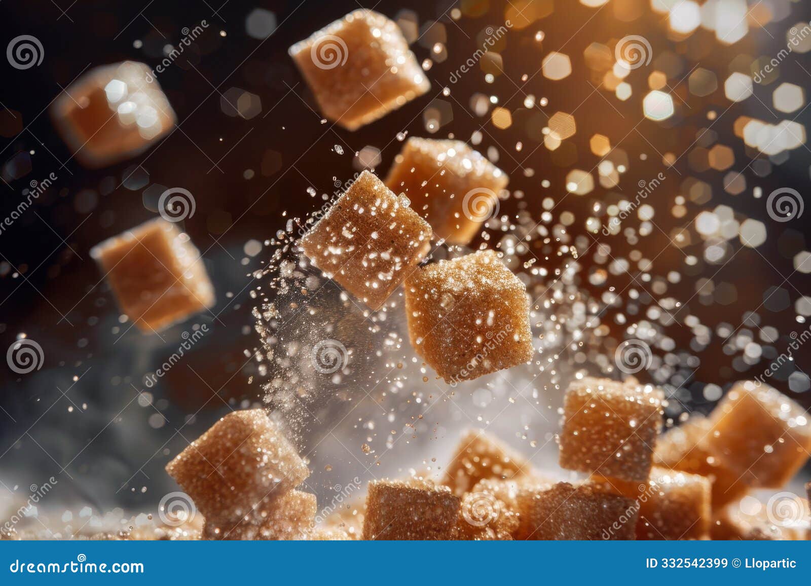 Floating Sugar Cubes with Granules Scattering in the Air, Creating a ...