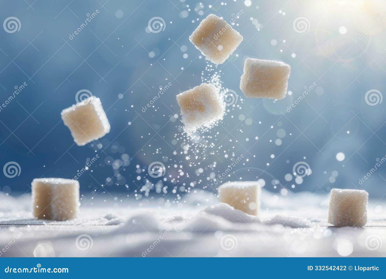 Floating Sugar Cubes with Granules Scattering in the Air, Creating a ...