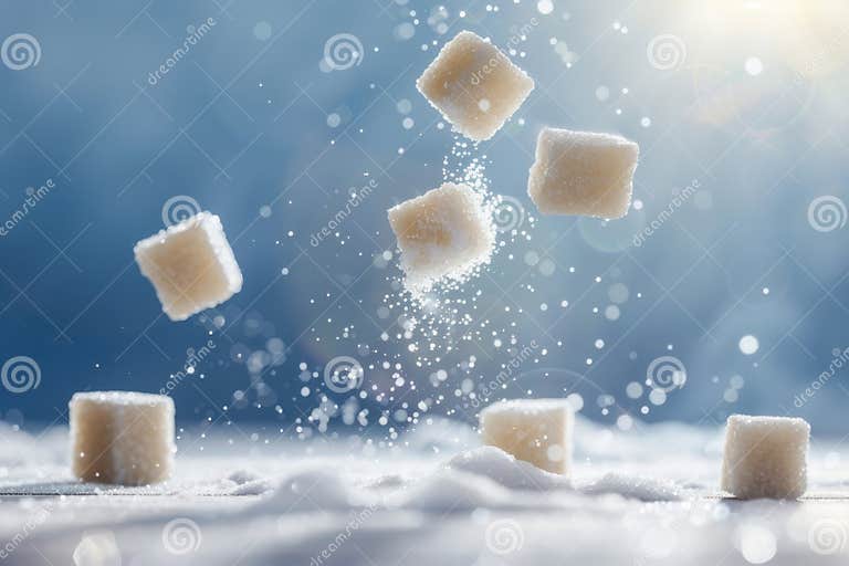 Floating Sugar Cubes with Granules Scattering in the Air, Creating a ...