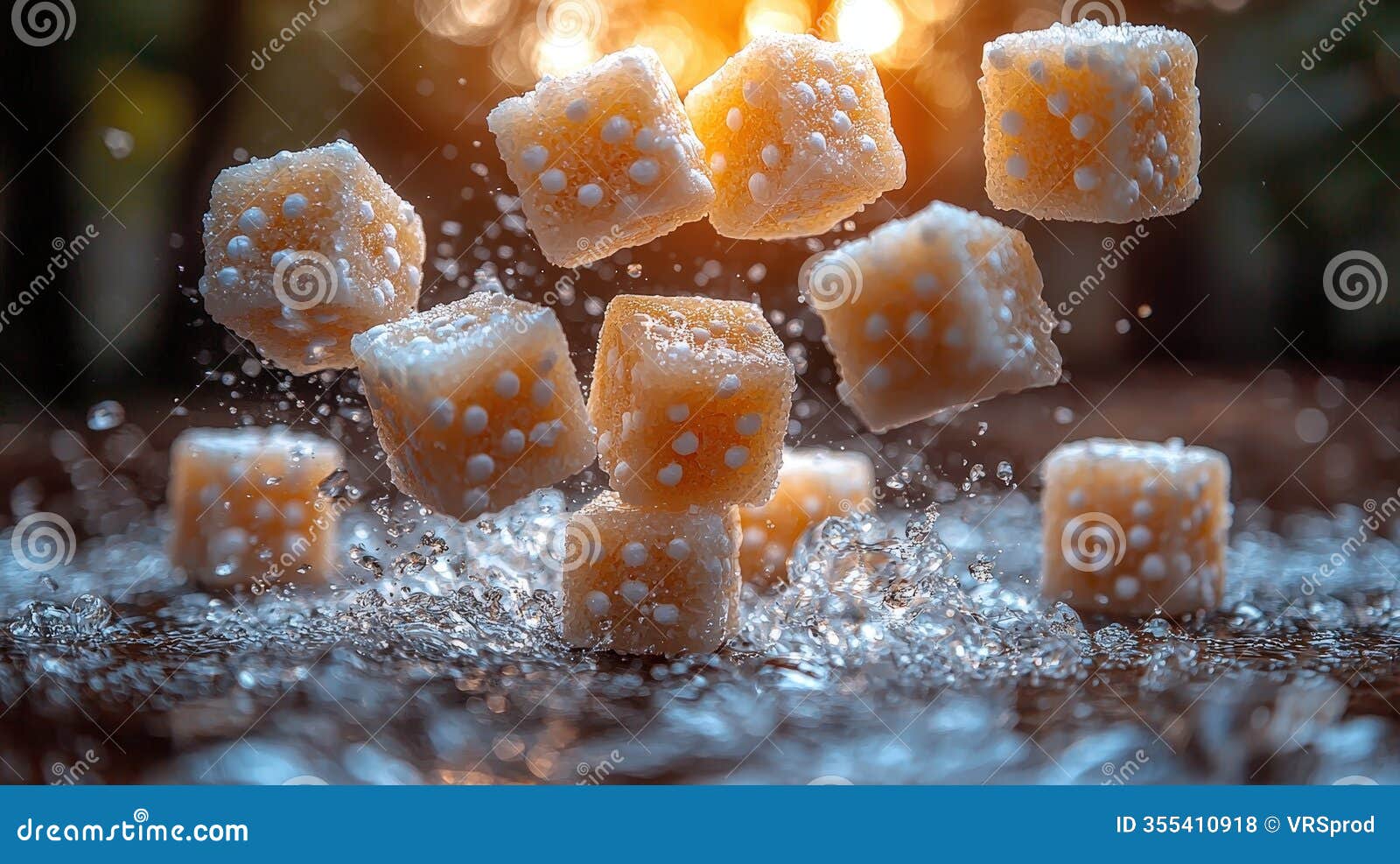 Floating Sugar Cubes Splashing in Water at Sunrise Stock Photo - Image ...