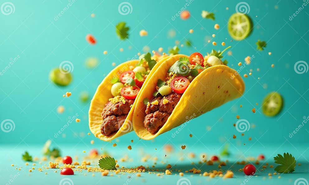 Floating Tacos Exploding Ingredients Bright Colors Stock Illustration ...