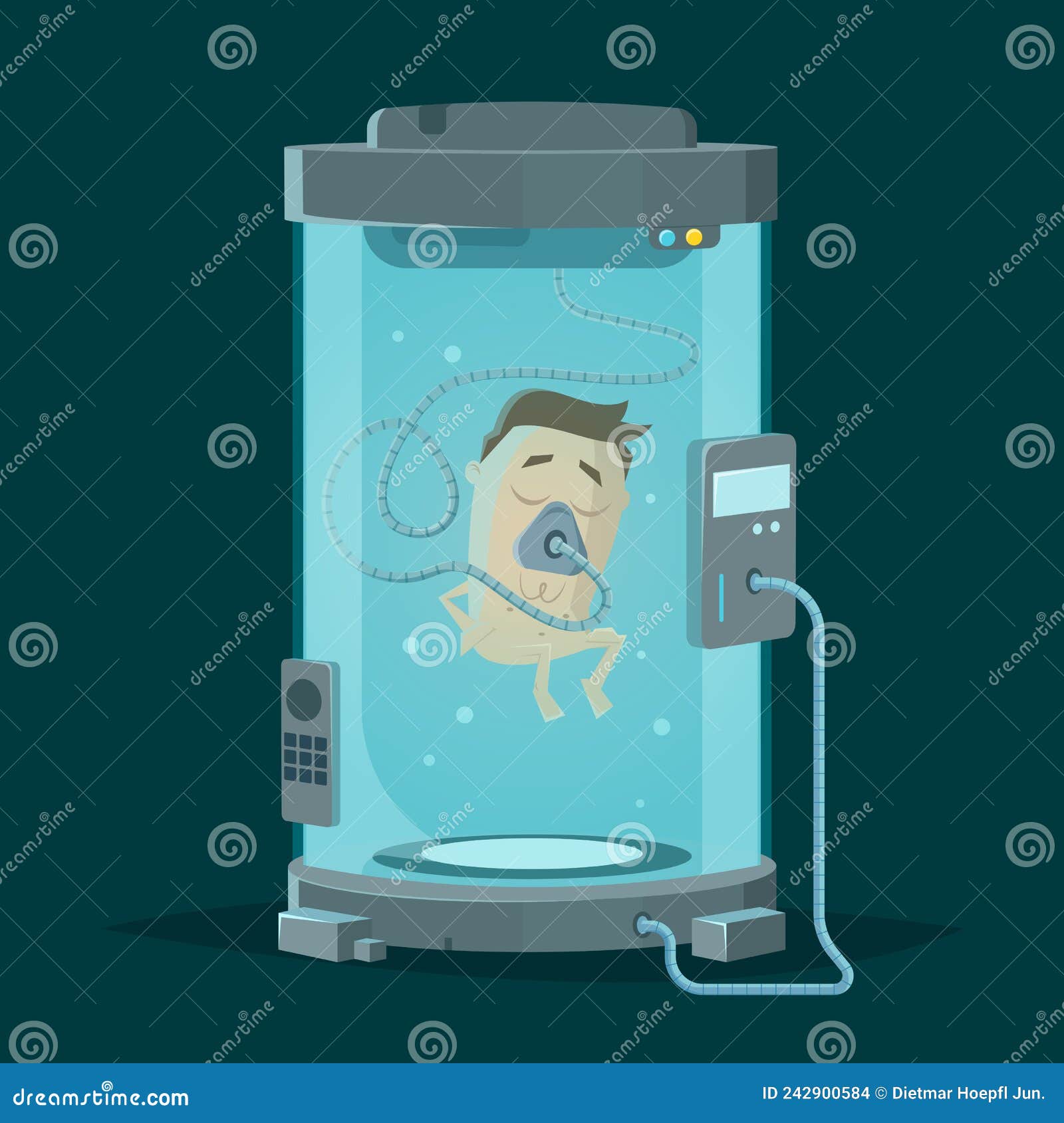 Cartoon Illustration of a Man Sleeping in Futuristic Floating Tank ...
