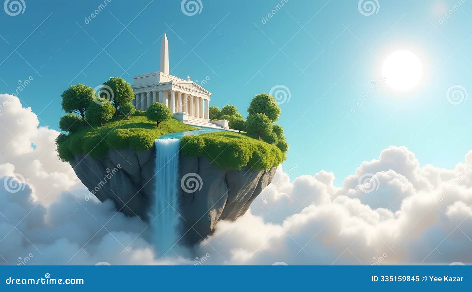 Floating Temple with Waterfall in the Sky Stock Illustration ...