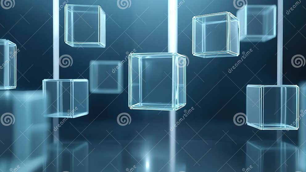 Floating Transparent Cubes in a Futuristic Setting with Soft Lighting and a Reflective Floor ...