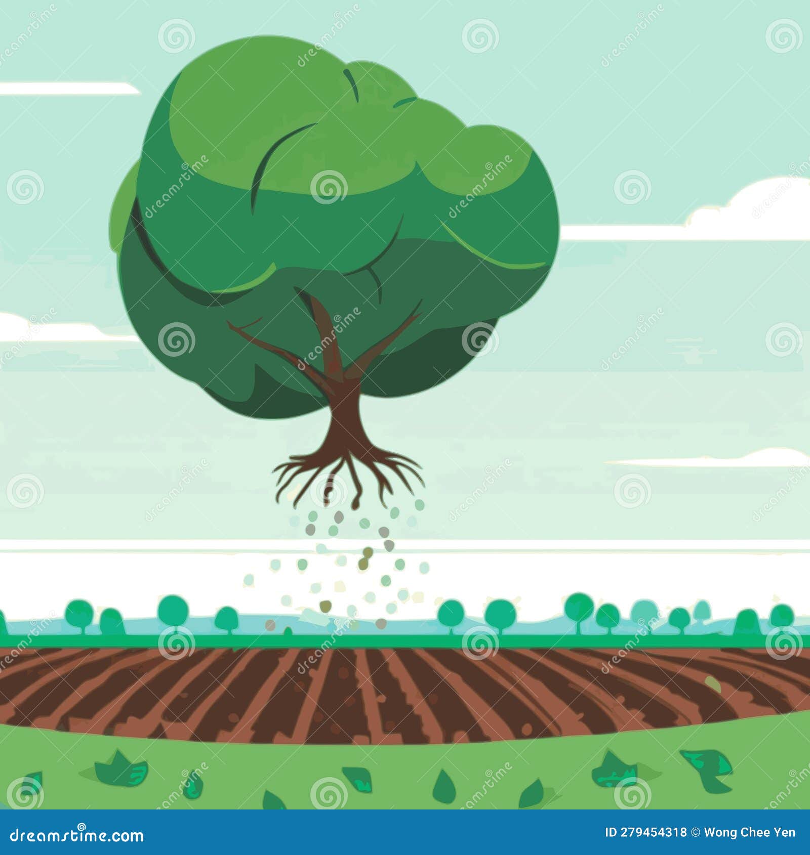 Floating Tree Dropping Seeds Over Farm Vector Graphics Stock ...