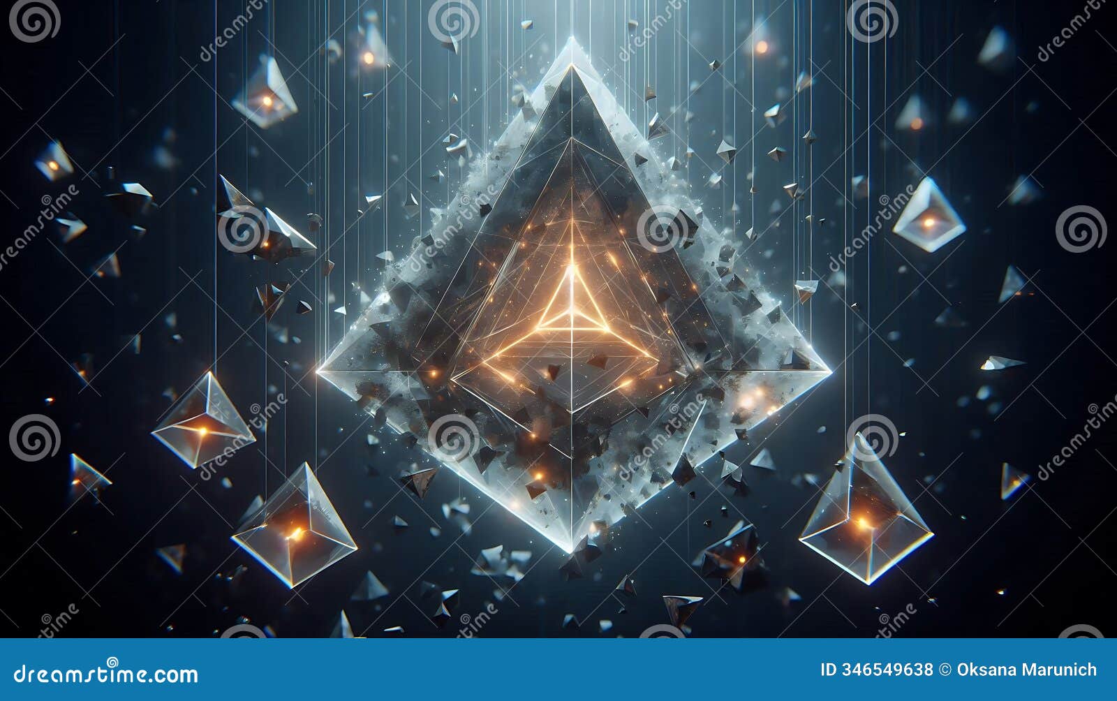 Floating Triangular Prisms with Internal Glowing Cores, Suspended in ...
