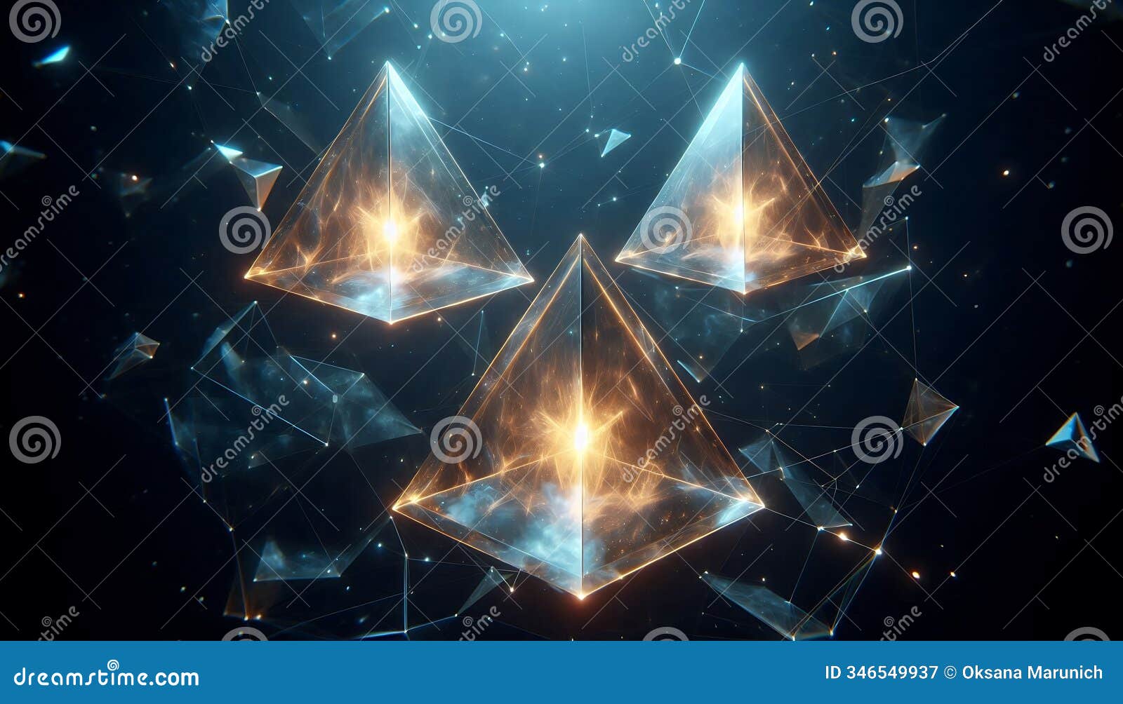 Floating Triangular Prisms with Internal Glowing Cores, Suspended in ...