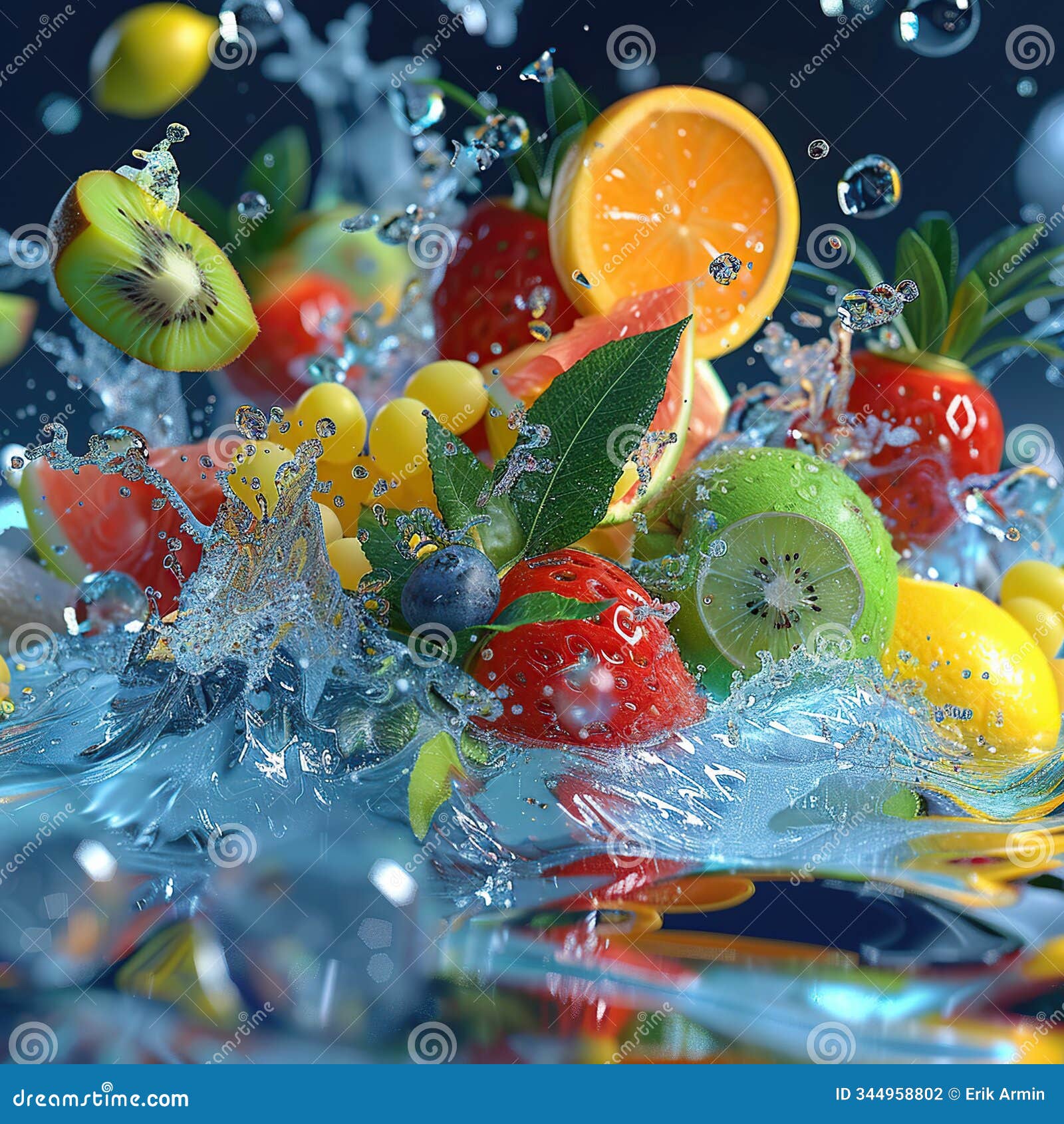Floating Tropical Fruit Medley on Water, Hyper Detailed Drawing with ...