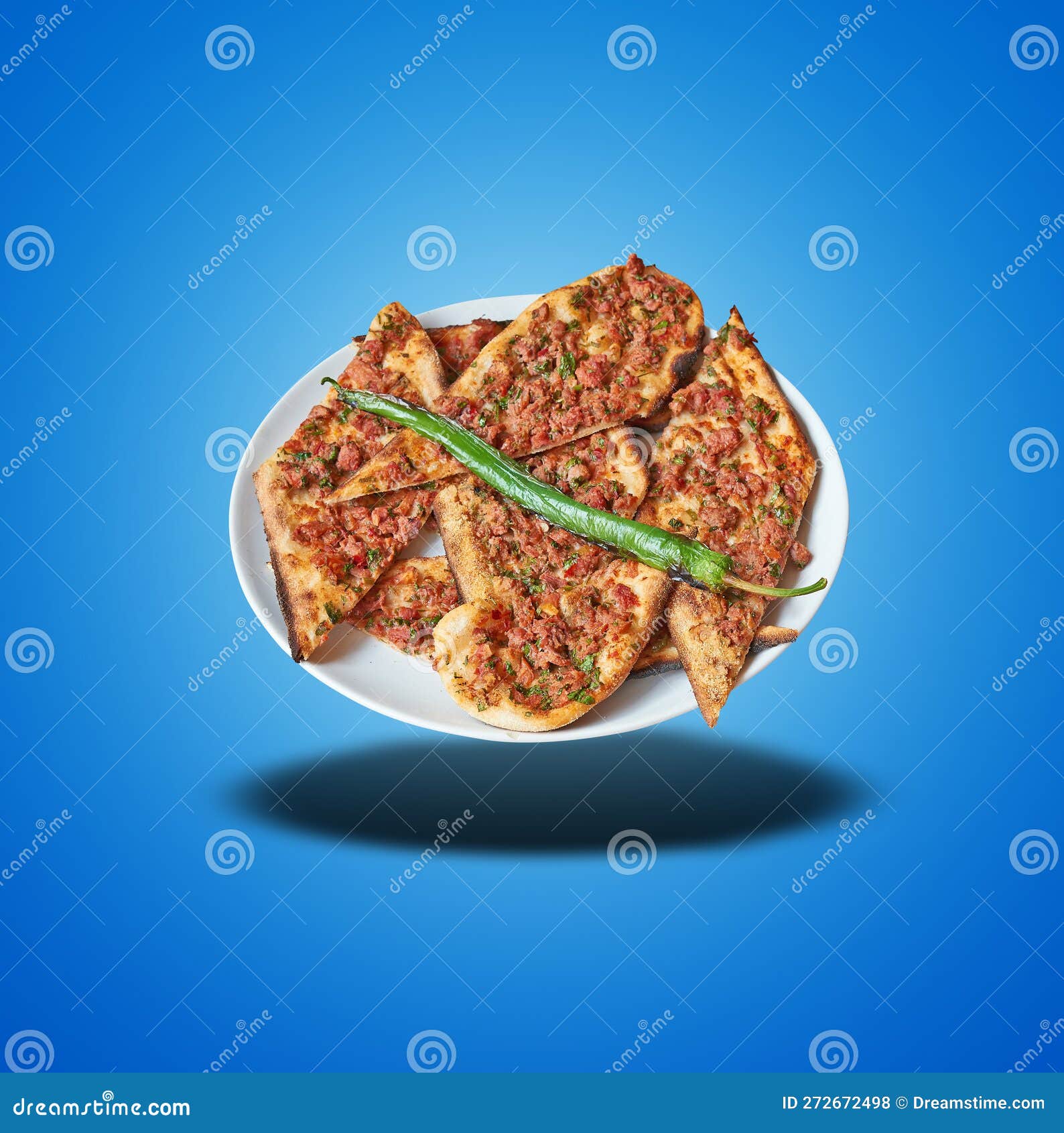 Floating Turkish Pide on Plate on Blue Gradient Stock Photo - Image of ...