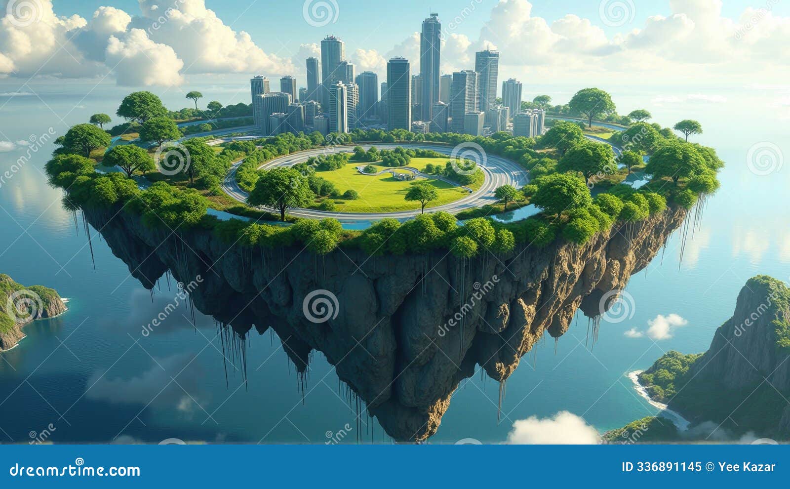 Floating Utopia: Futuristic Green City in the Sky Stock Illustration ...
