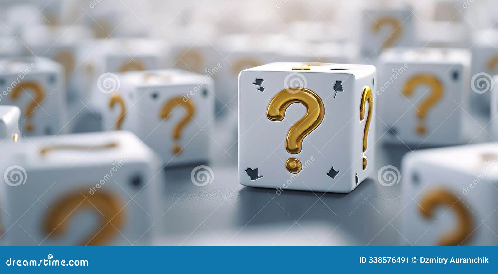 Floating White Cubes and Gold Cubes with Question Marks on Black ...