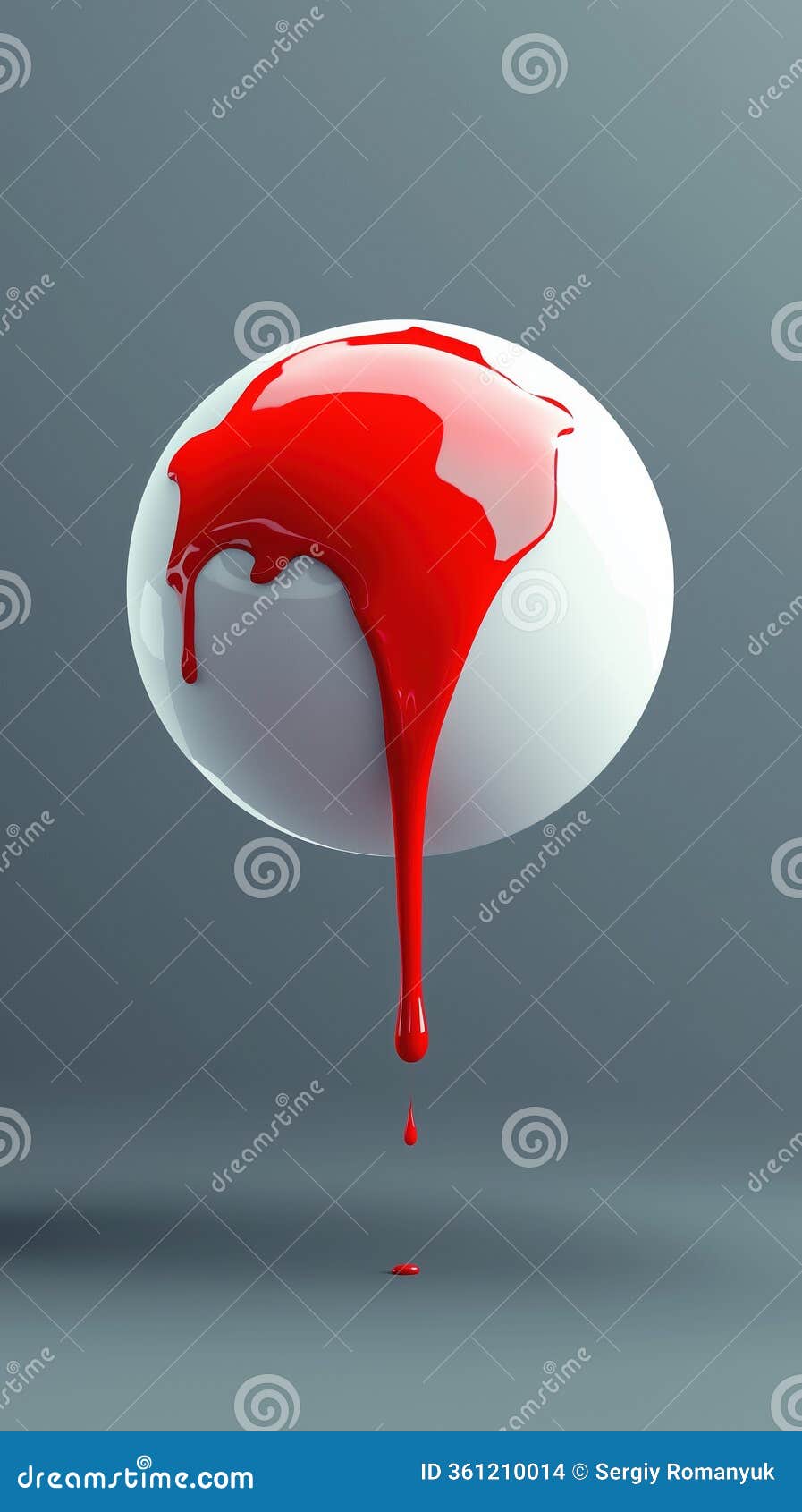 Floating White Sphere with Melting Red Paint on a Navy Gray Background ...
