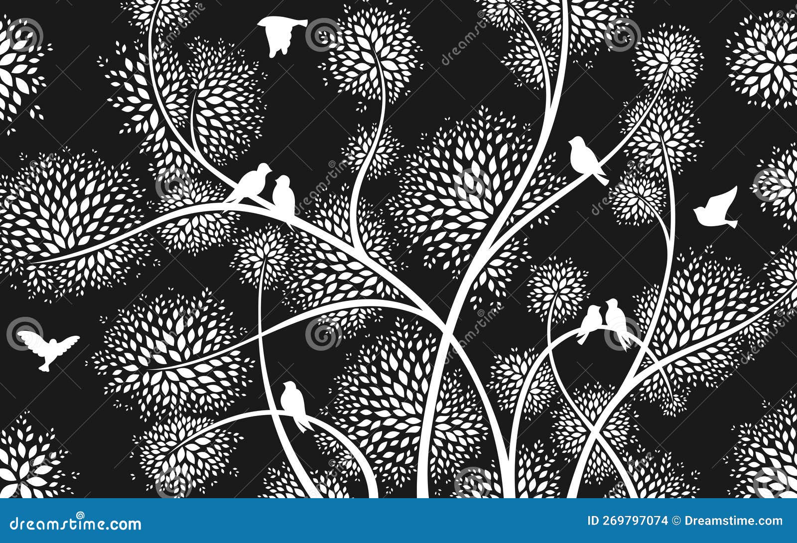 Flock Bird Tree Branches Silhouette Pattern Abstract Flying Dove Shape ...