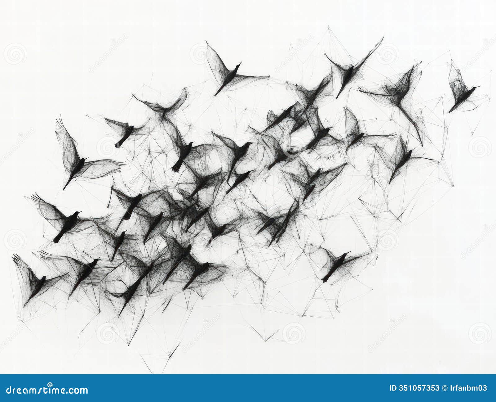 A Flock of Birds in Flight, an Abstract Ink Drawing of Freedom and ...
