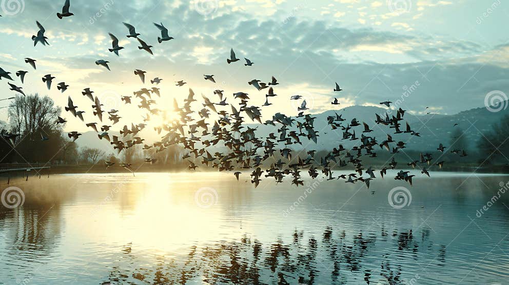 A Flock of Birds Flying Over a Calm Lake at Sunset Stock Illustration ...