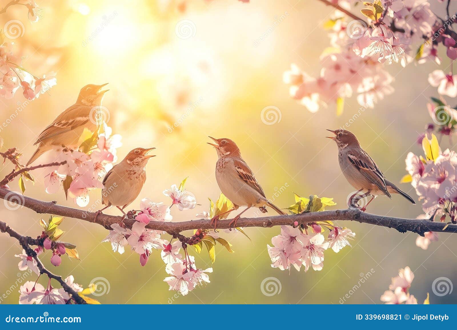 Flock of Birds are Singing on the Tree with Blossoms and Sun Light ...