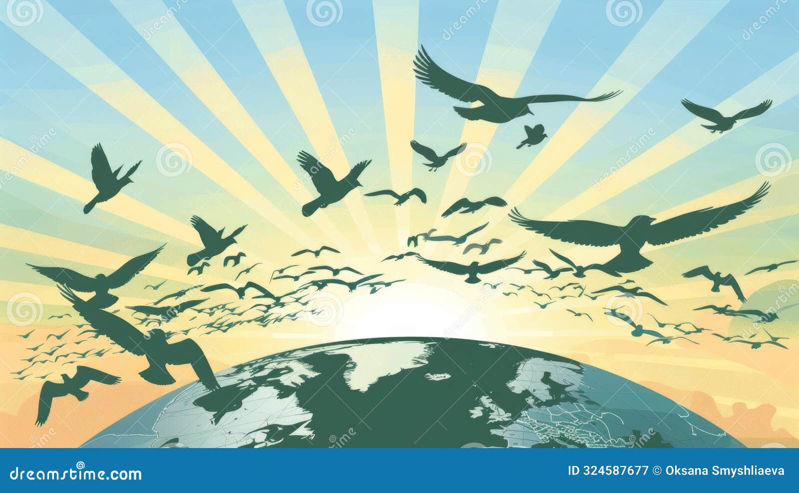 Flock of Birds Soaring Over Sunrise Earth Illustration Stock Image ...