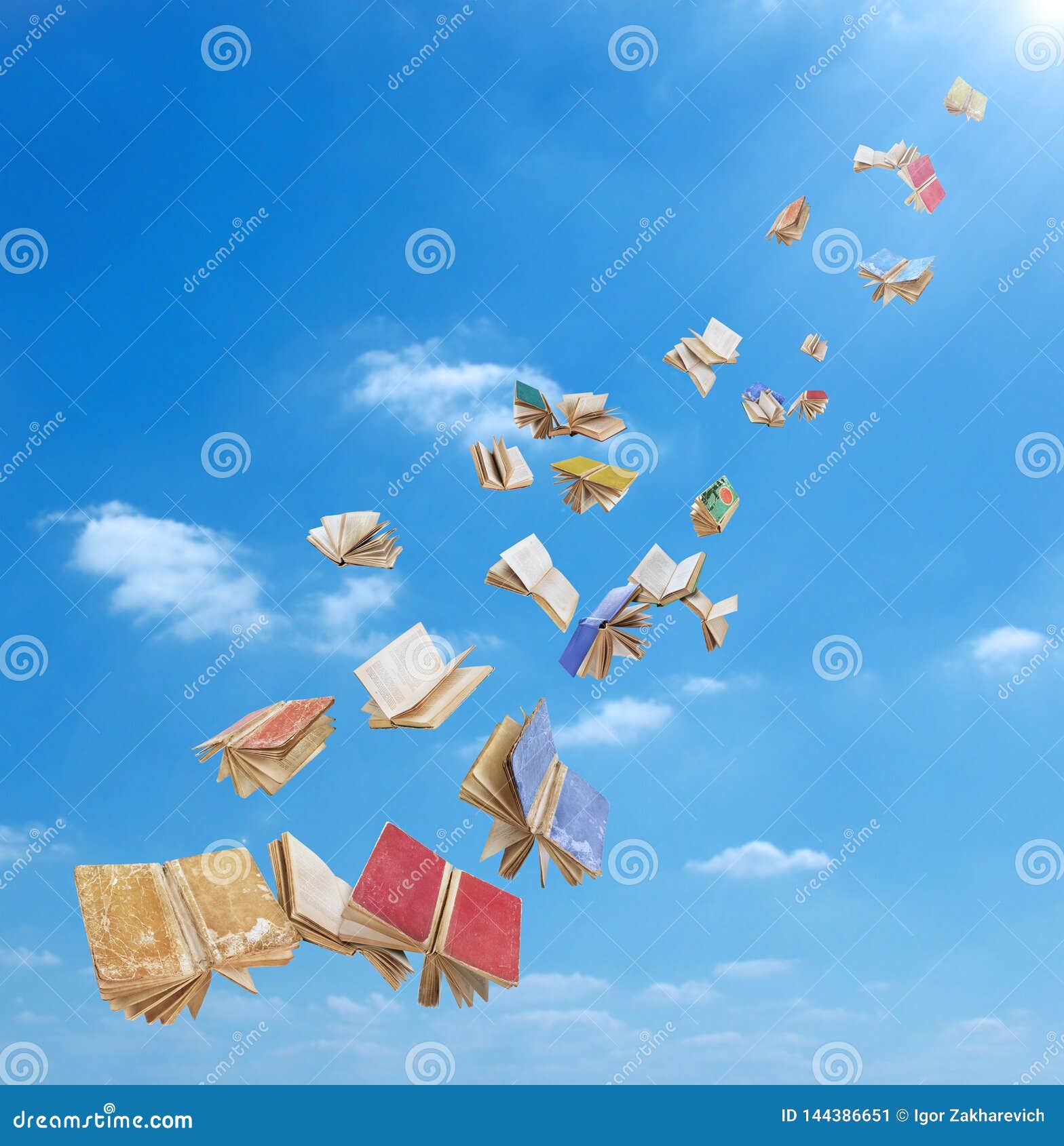A flock of books is flying stock illustration. Illustration of book ...