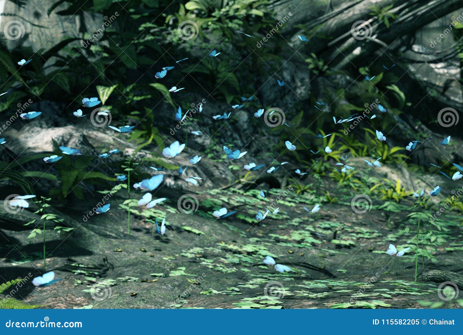 Flock Butterflies in Magical Forest Stock Illustration - Illustration ...