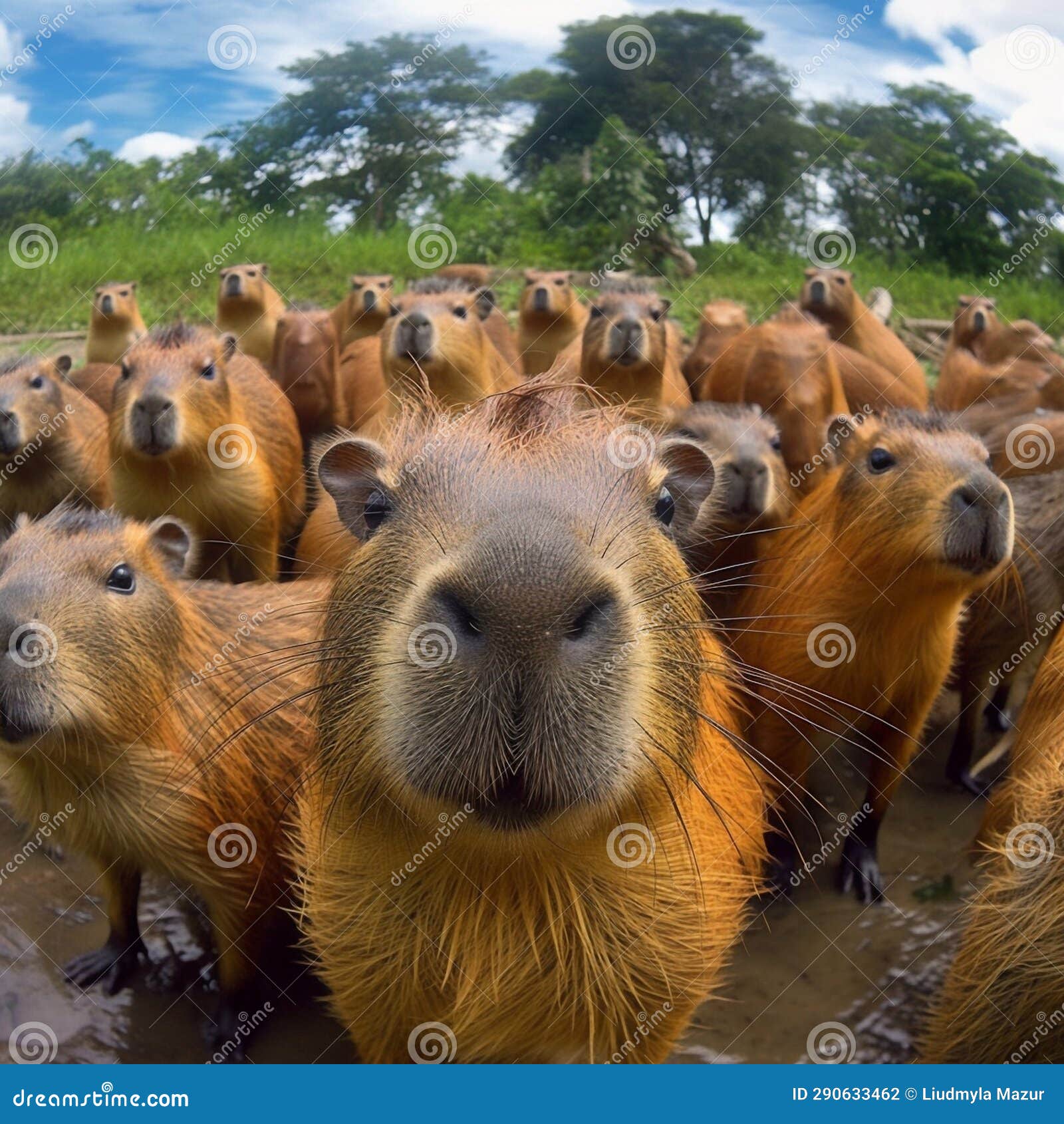 Flock of Capybaras Looking at the Camera Ai Generation Stock Photo ...