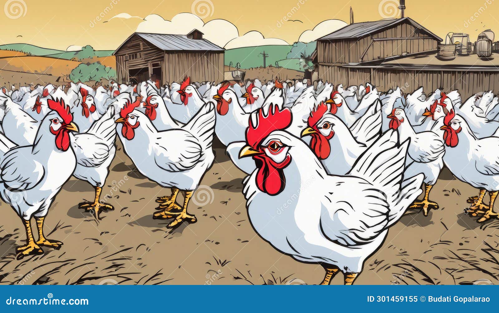A Flock of Chickens in Front of a Barn Stock Illustration ...