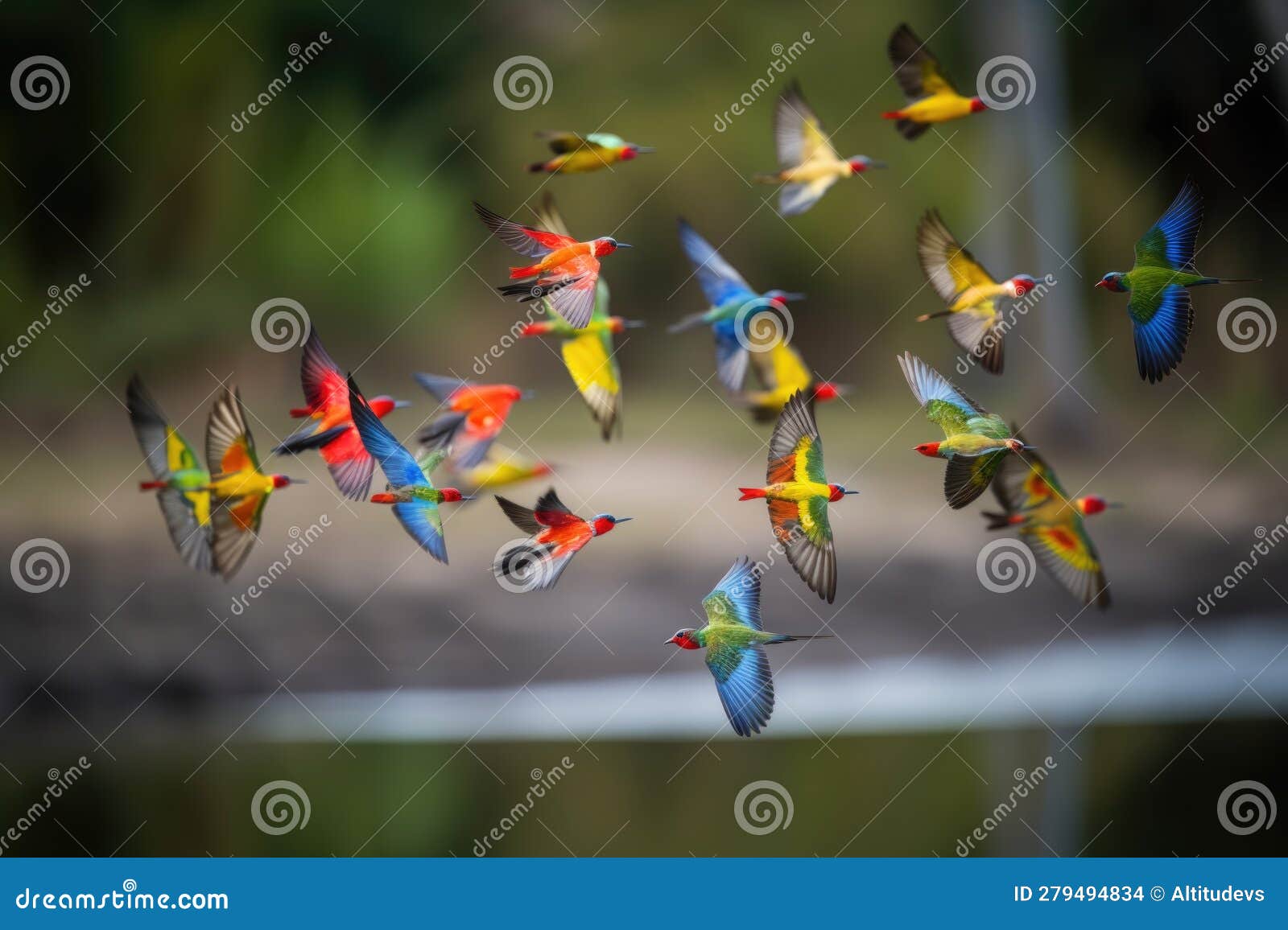 Flock of Colorful Birds Flying in Formation Stock Photo - Image of ...