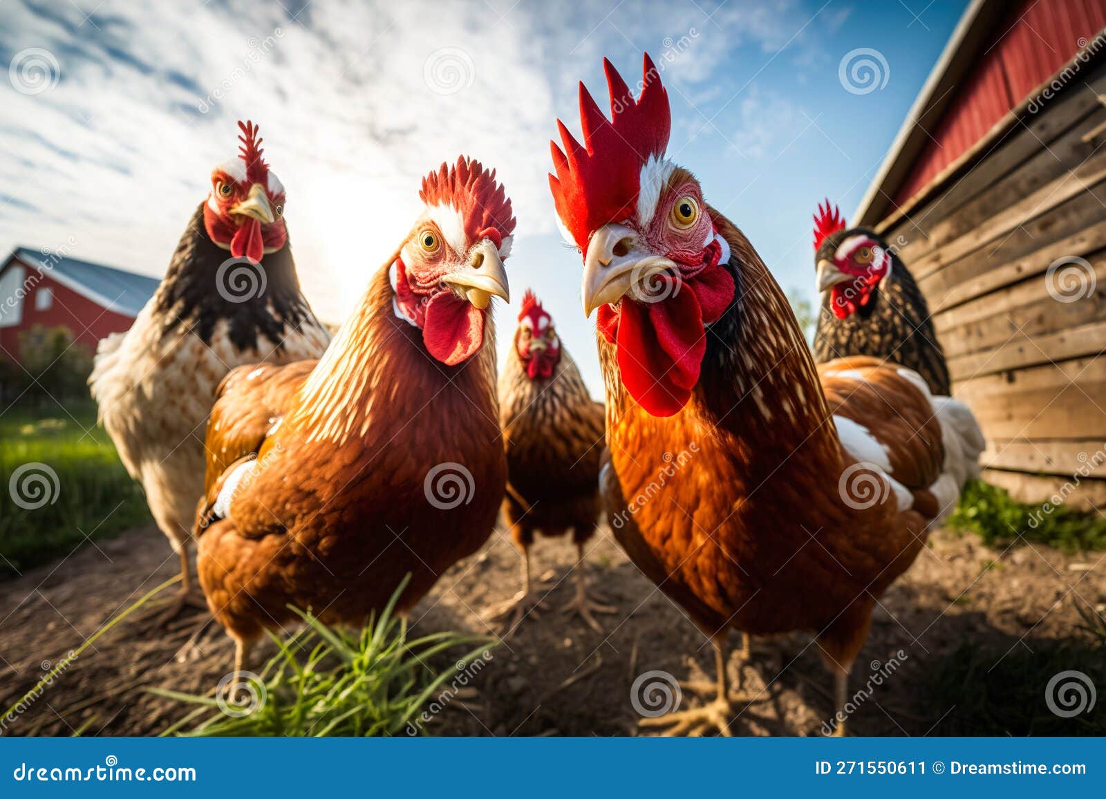 A Flock of Curious Chickens Peek into the Camera, Close-up Shot. Stock ...