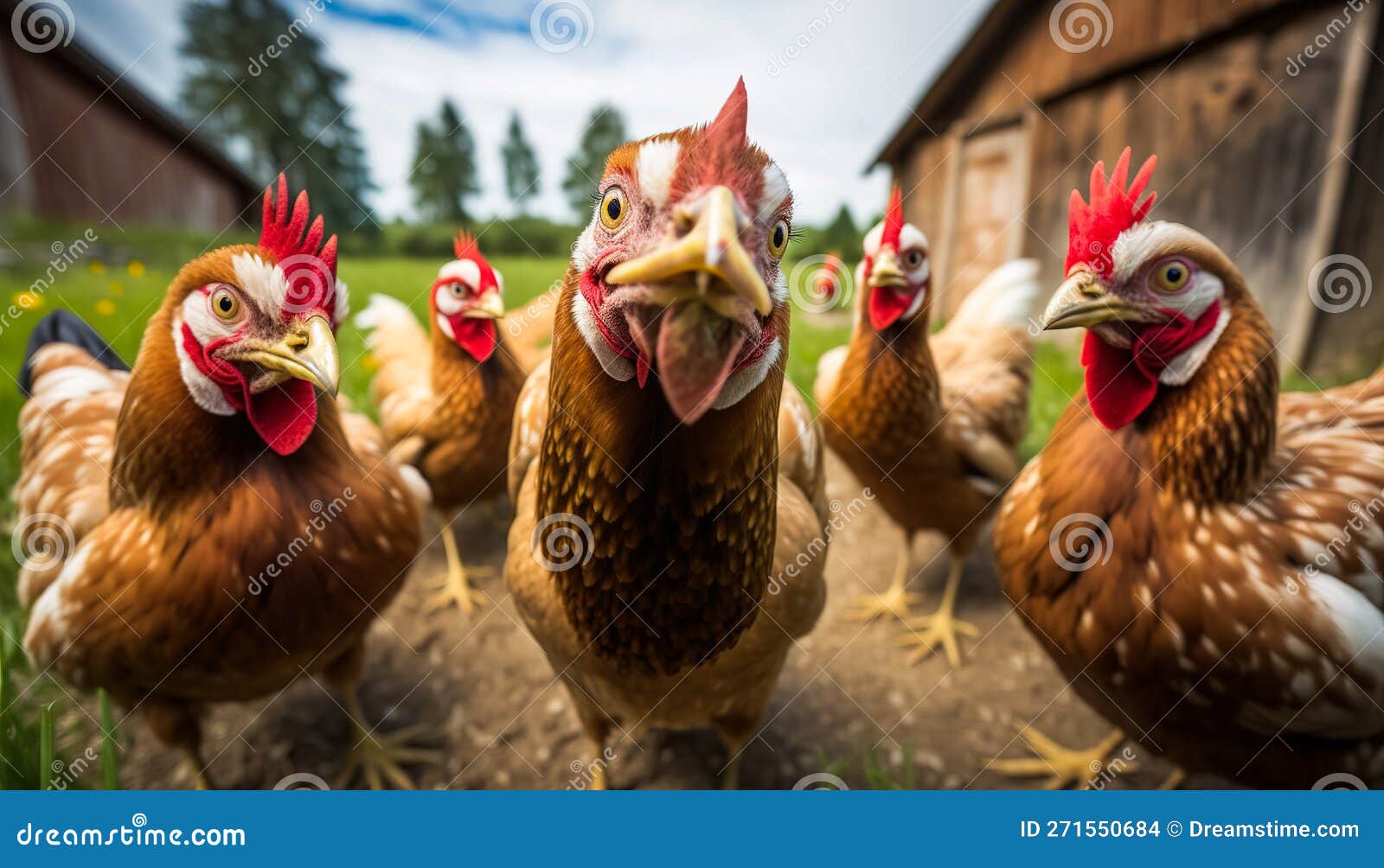 A Flock of Curious Chickens Peek into the Camera, Close-up Shot. Stock ...