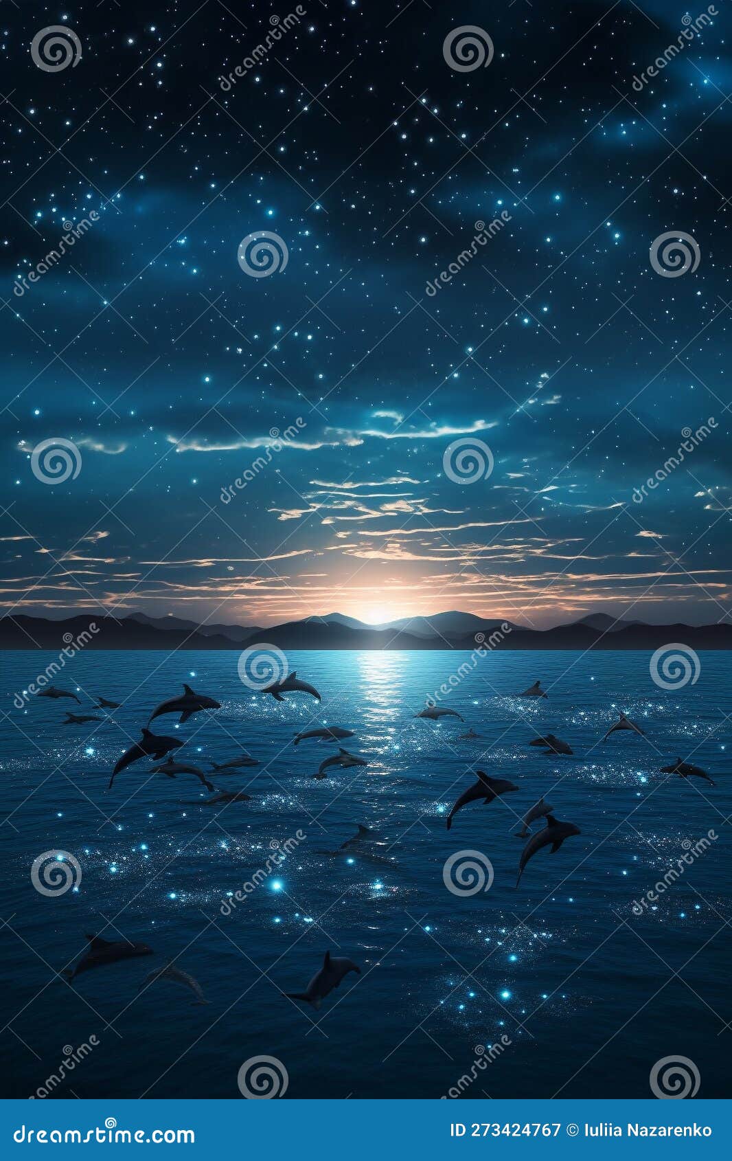 A Flock of Dolphins Splashes in the Open Sea at Night among the Glowing ...