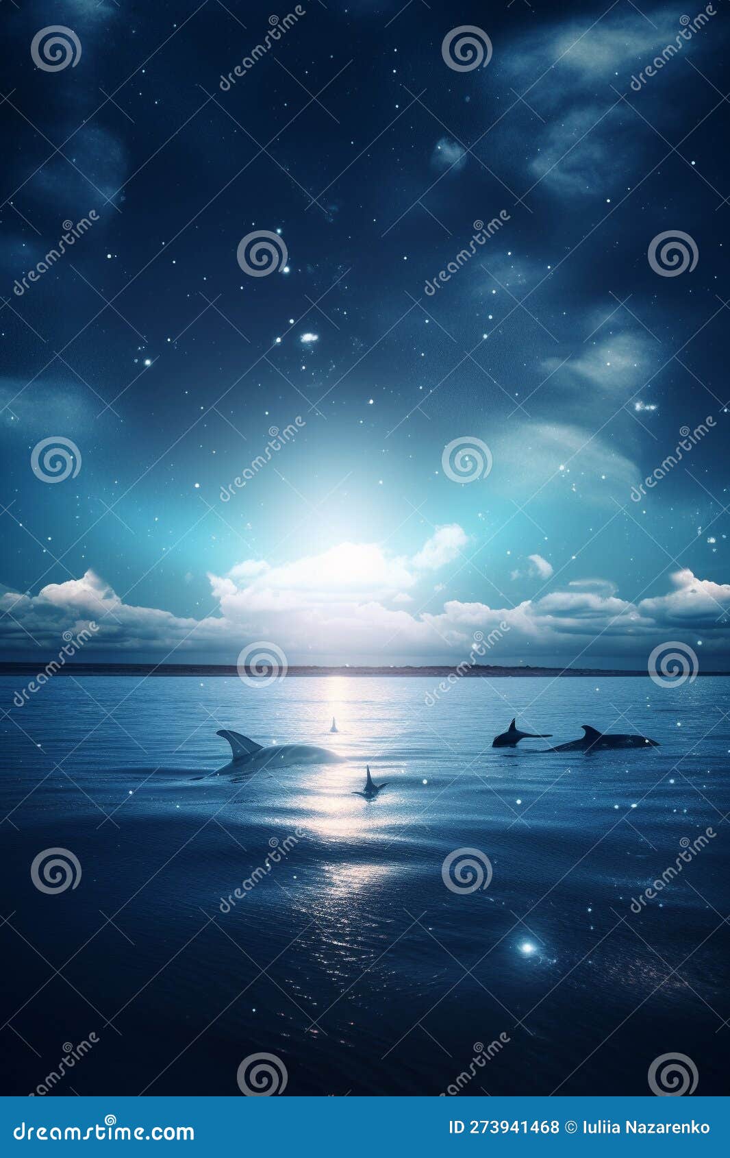 A Flock of Dolphins Splashes in the Open Sea at Night among the Glowing ...