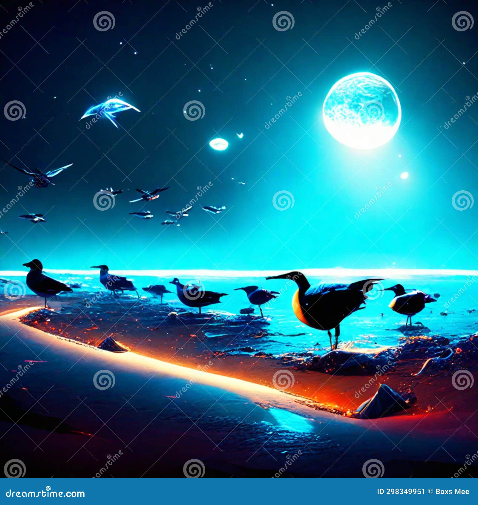 A Flock of Ducks on the Background of the Night Sky and the Moon ...