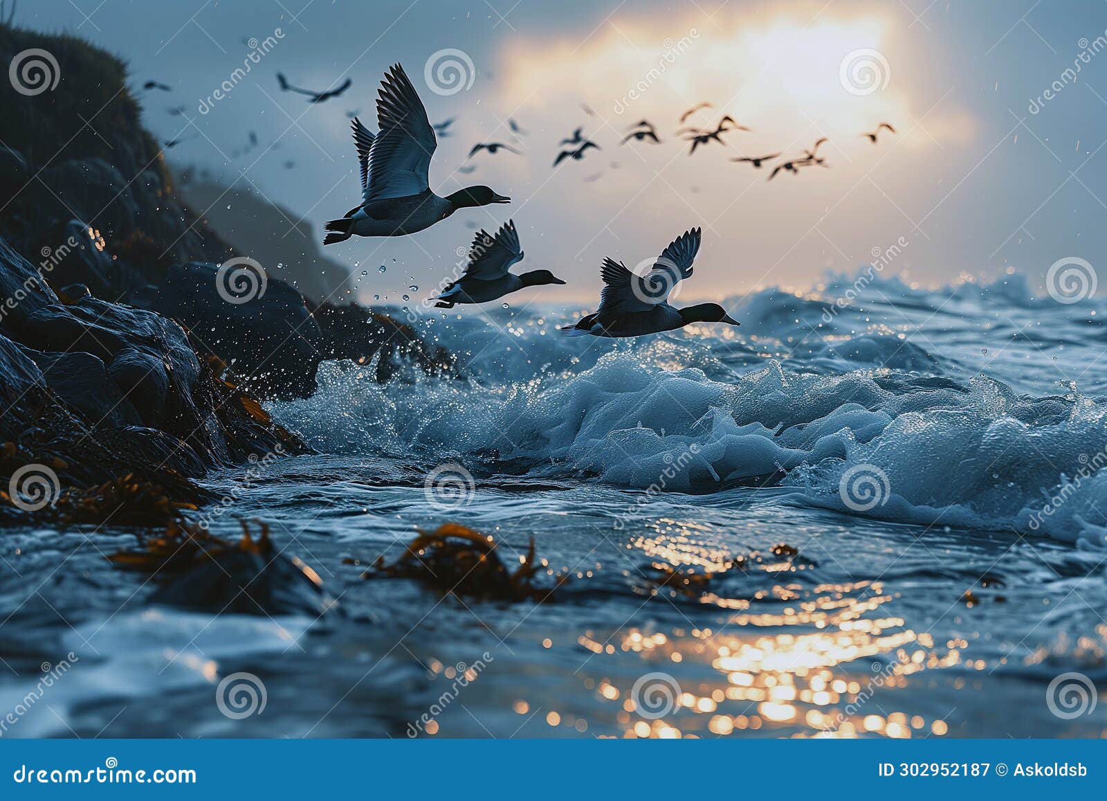 A Flock of Ducks Flying Over the Waves of the Ocean Stock Illustration ...