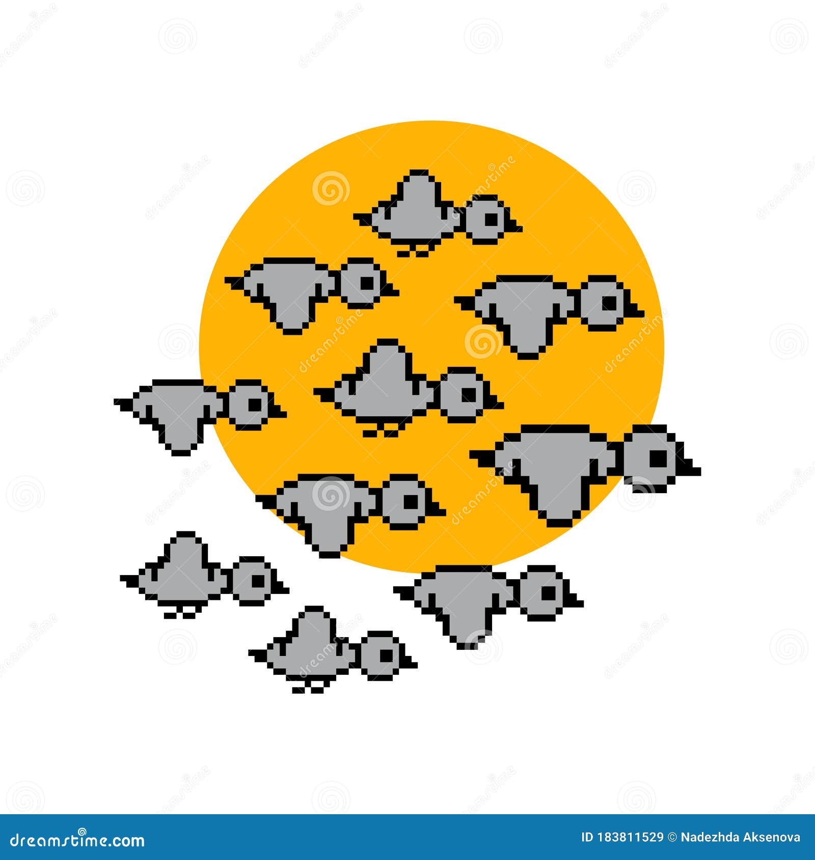 A Flock of Flying Birds. Pixel Birds Against the Sun. Migratory Bird ...