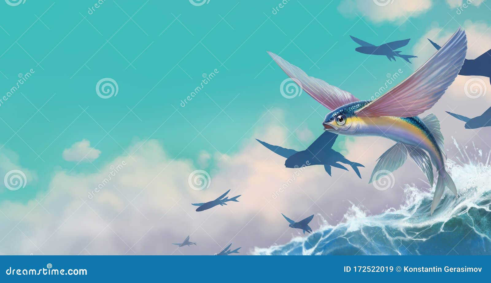 A Flock of Flying Fish on a Wave. Stock Illustration - Illustration of ...