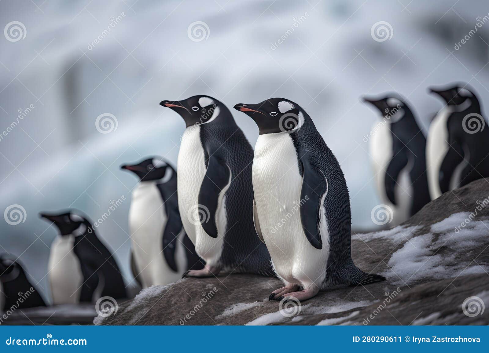 Flock Of Penguins And The Southern Lights In Antarctica, Aurora ...