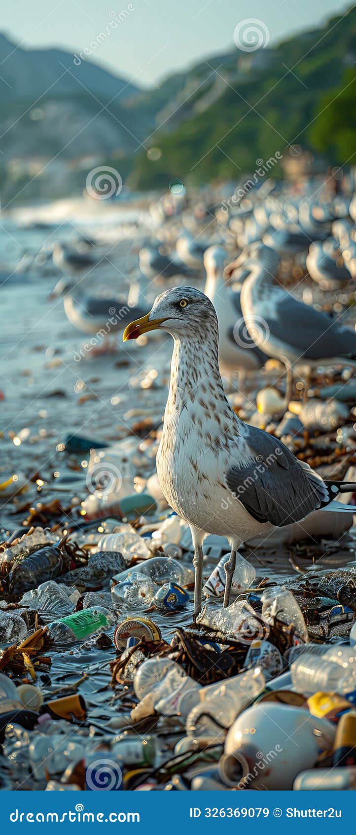 A Flock of Seagulls Picking through Litter on a Polluted Beach Stock ...