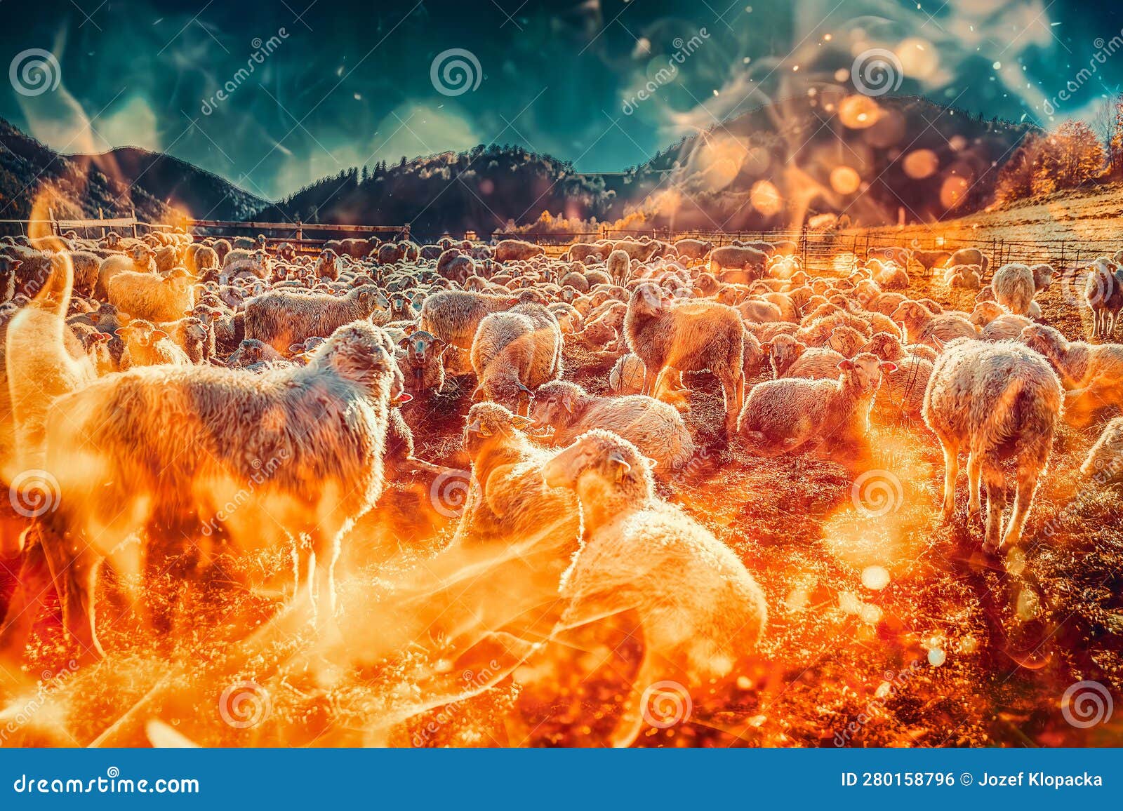 Flock of Sheep on Beautiful Mountain Meadow. Fire Effect. Stock Photo ...