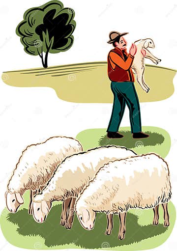 Flock of Sheep and Shepherd Stock Illustration - Illustration of ...