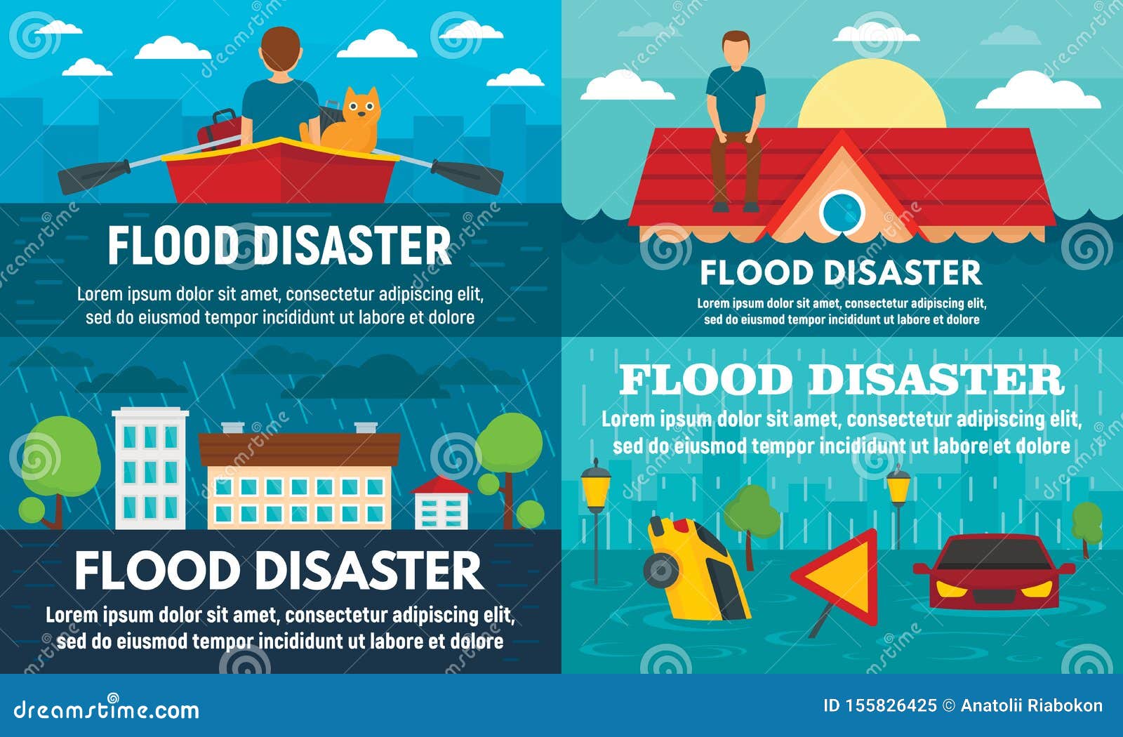 Flood Banner Set, Flat Style Stock Vector - Illustration of natural ...