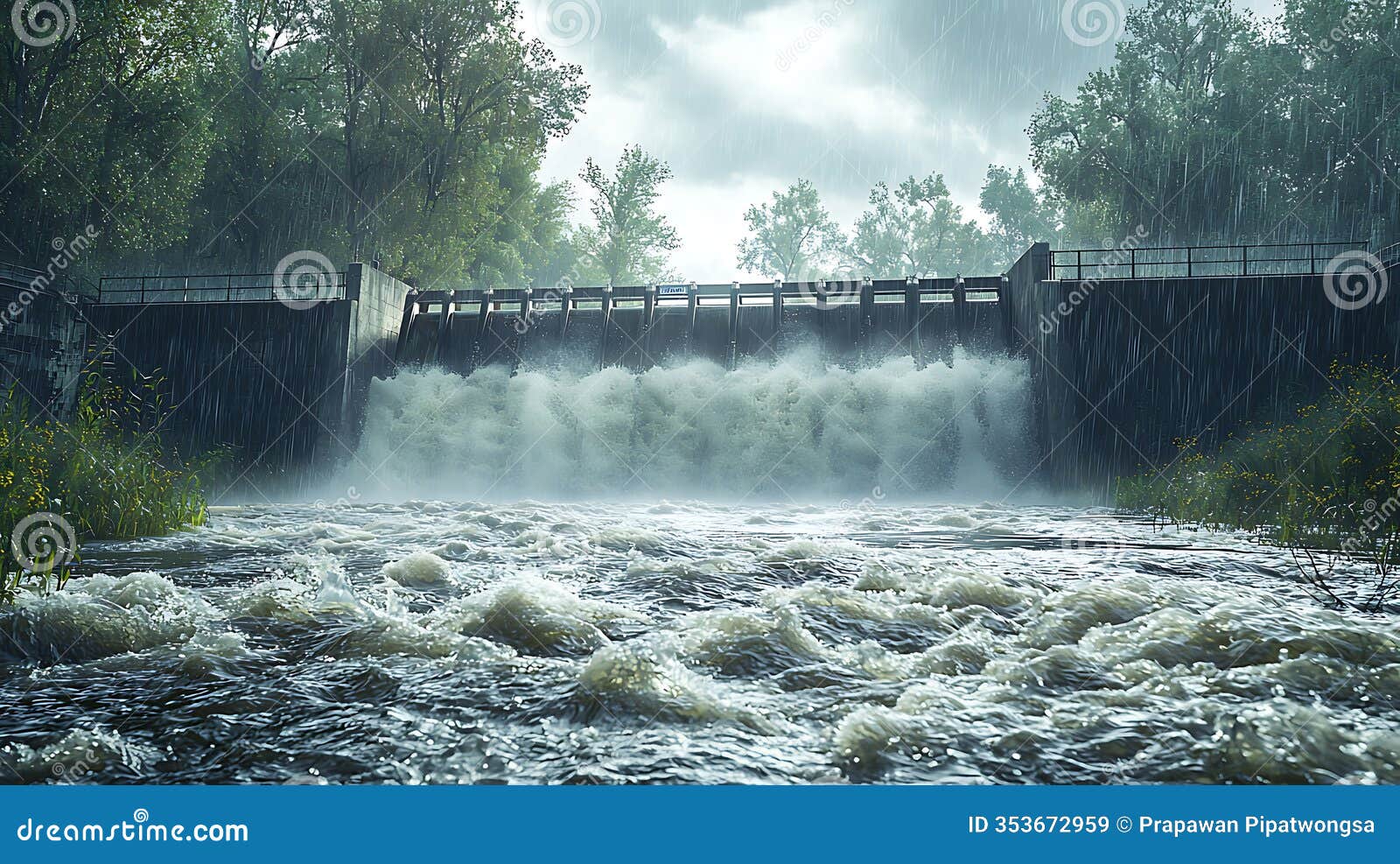Flood Control Structures with Water Gates in Action during Heavy Rain ...