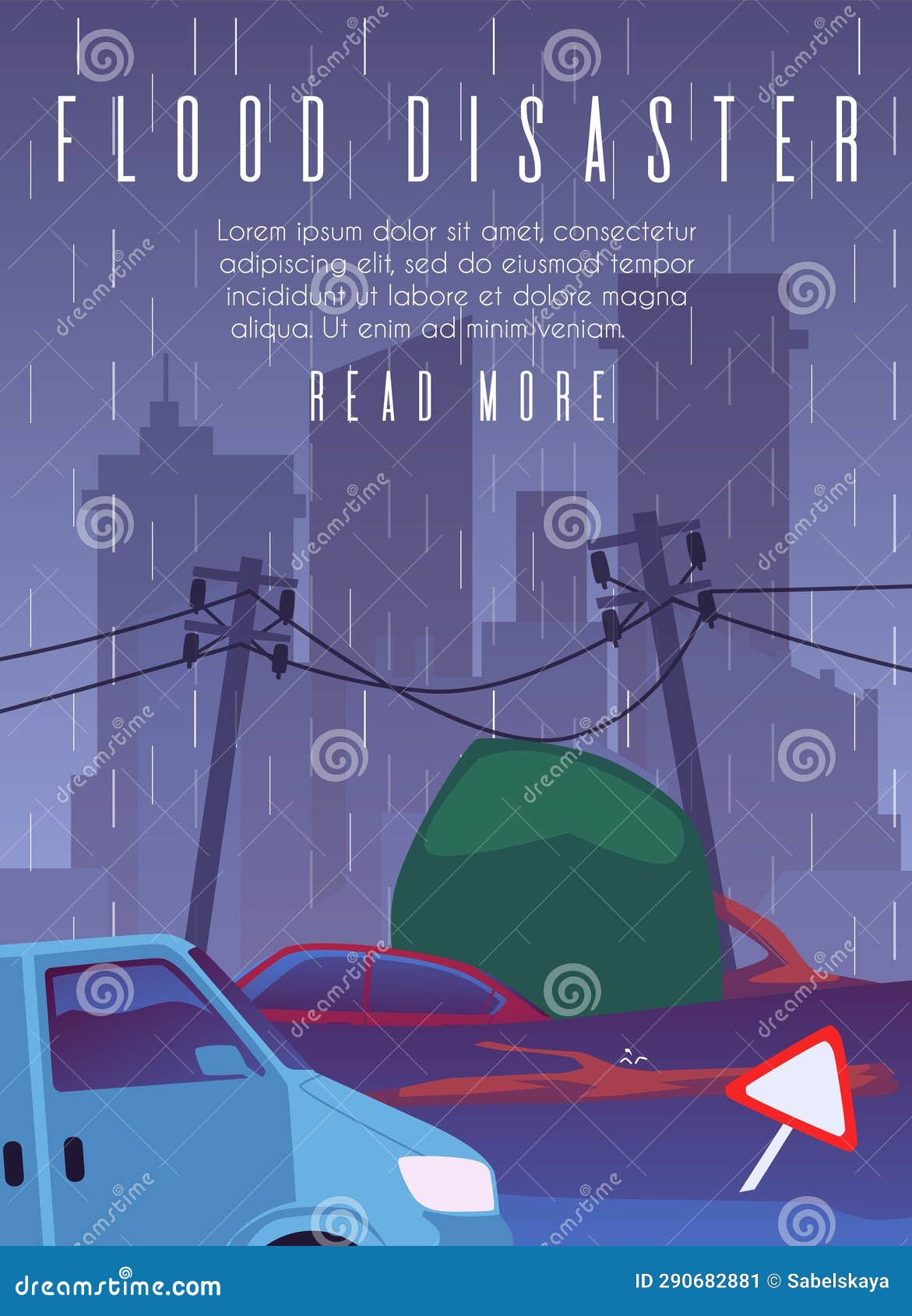 Flood Disaster Banner with the Consequences of Flood or Typhoon, Flat ...