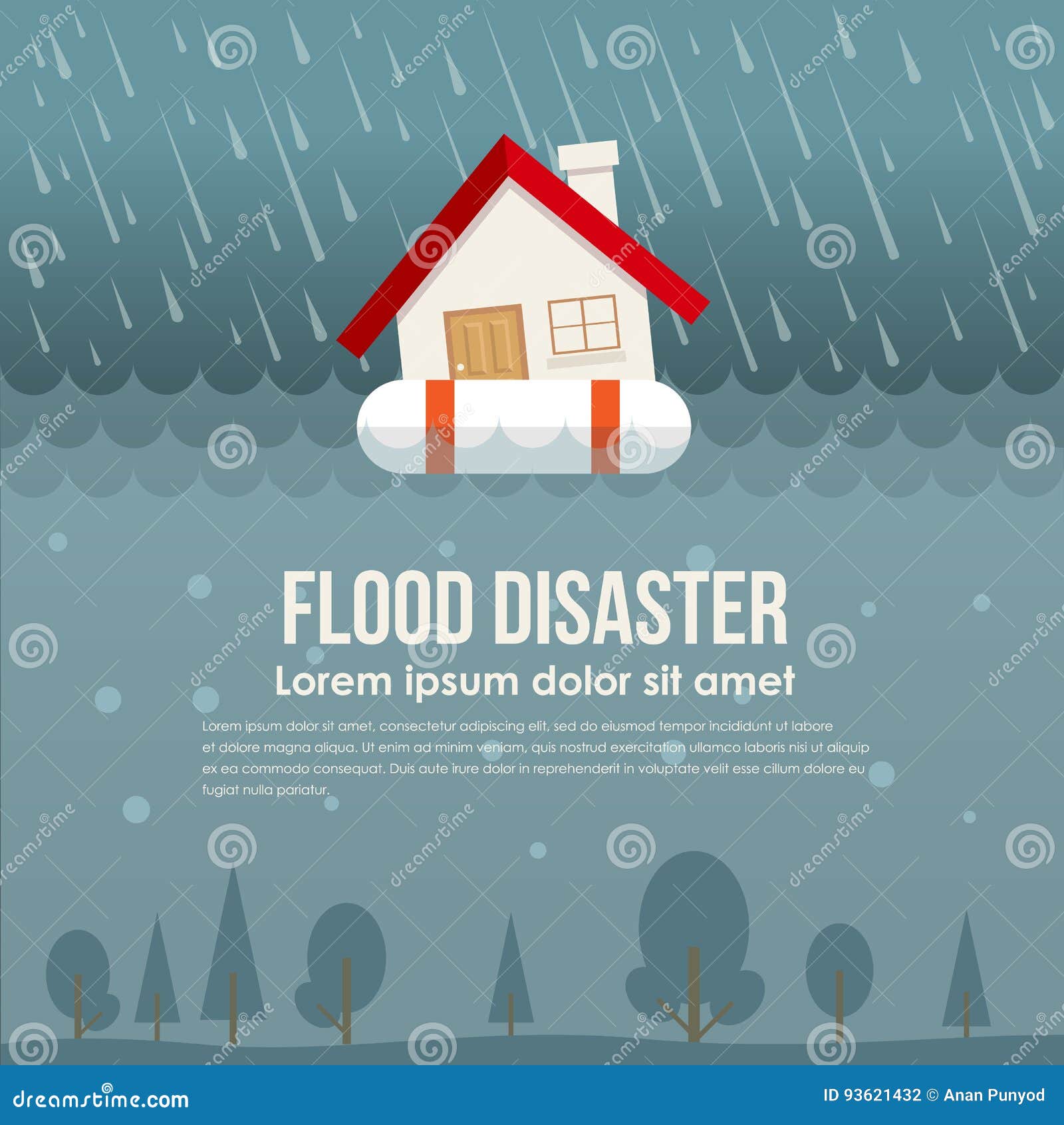 Flood Disaster with Home on Life Ring in Flood Water and Rain Vector ...