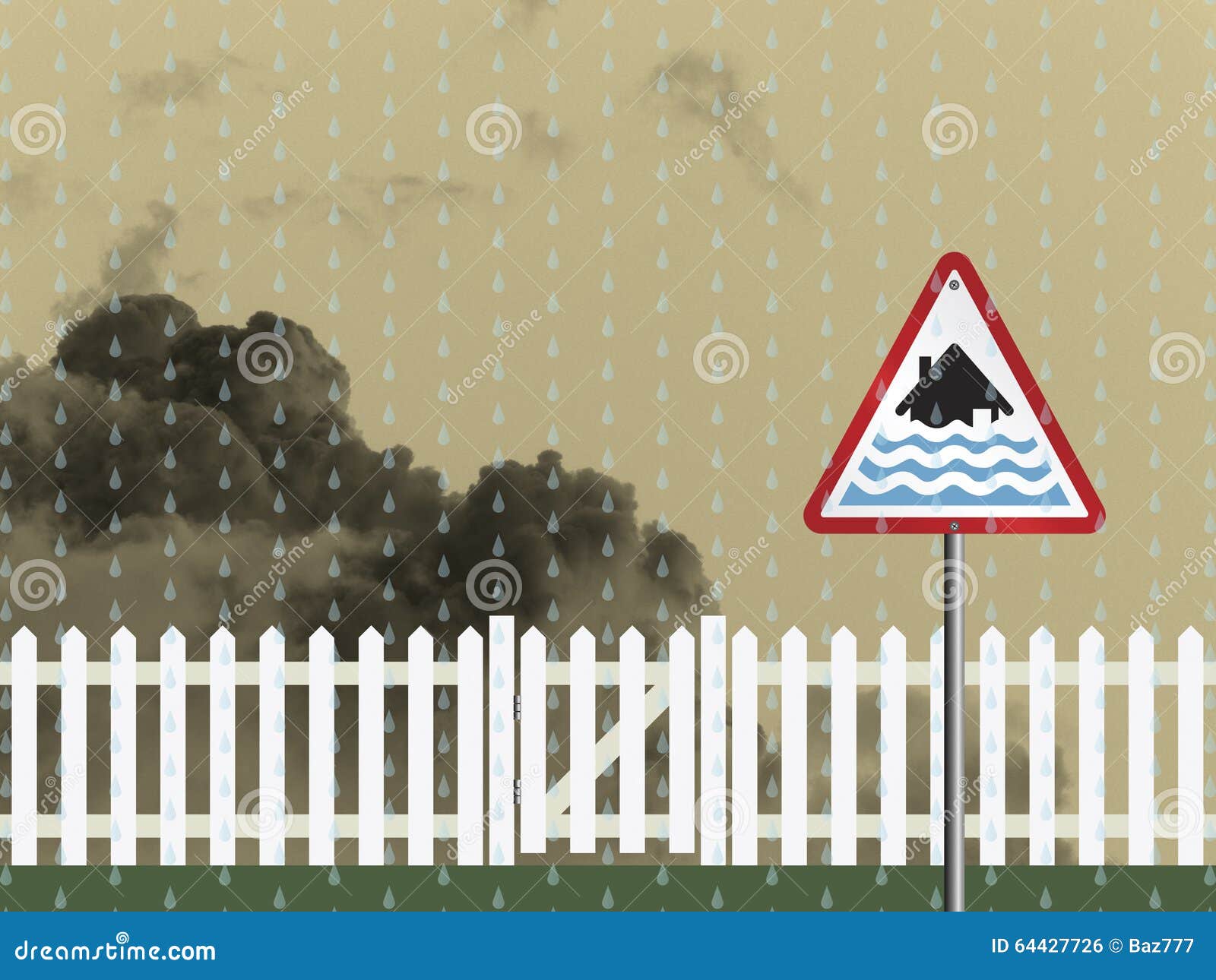 Flood Warning Sign Submerged In Rising Water With Stormy Background ...